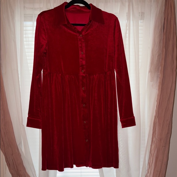 Dresses | Red Velvet Longsleeve Buttonup Dress | Poshmark